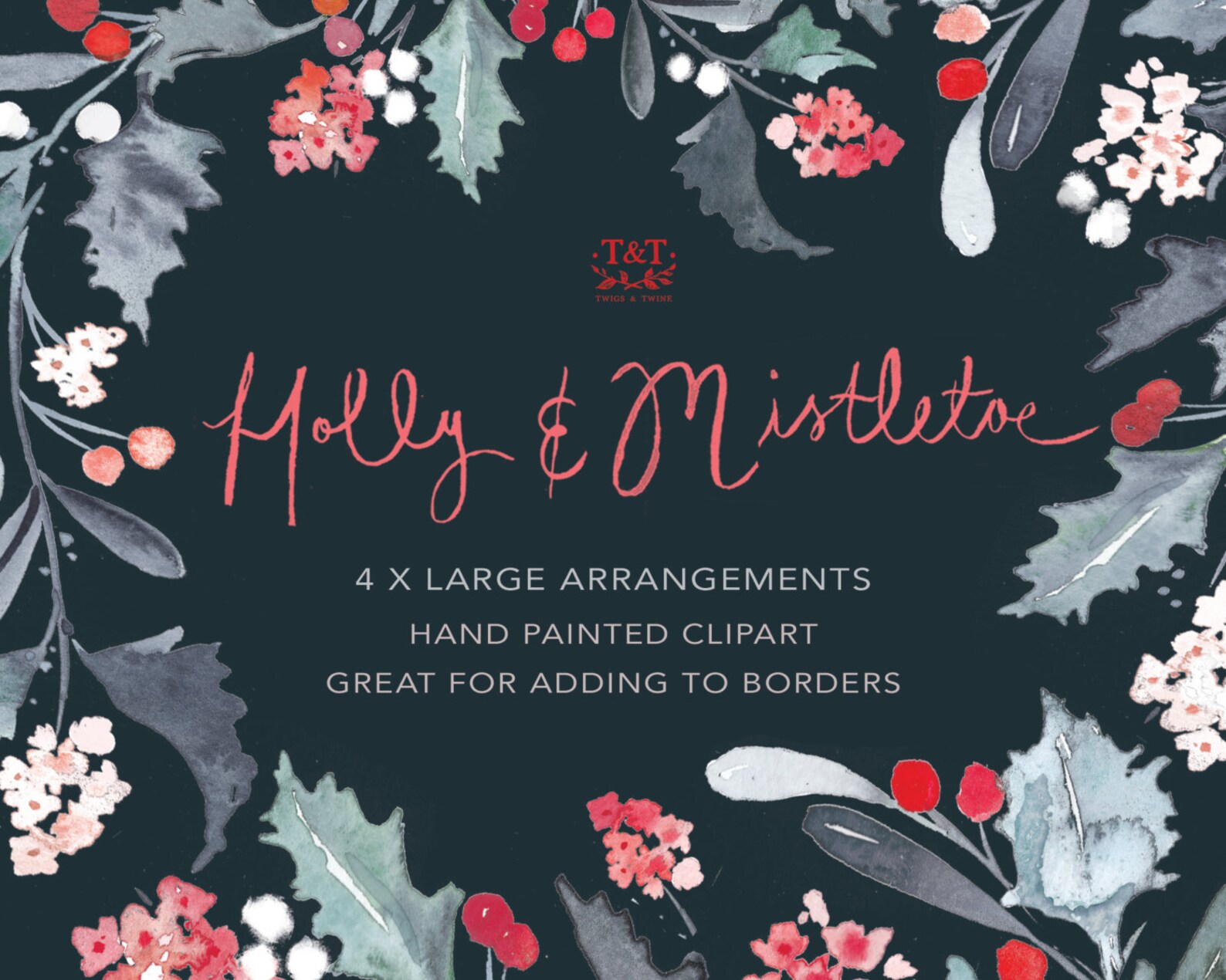 Holly and Mistletoe Hand Painted Clipart. Watercolor - Etsy UK