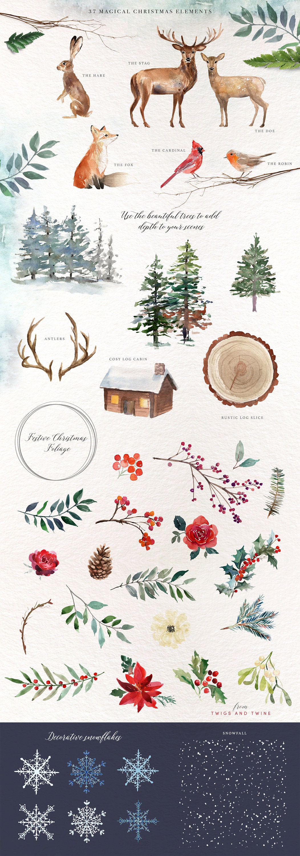 Woodland Christmas Watercolor Festive Clipart - Woodland Animals and ...