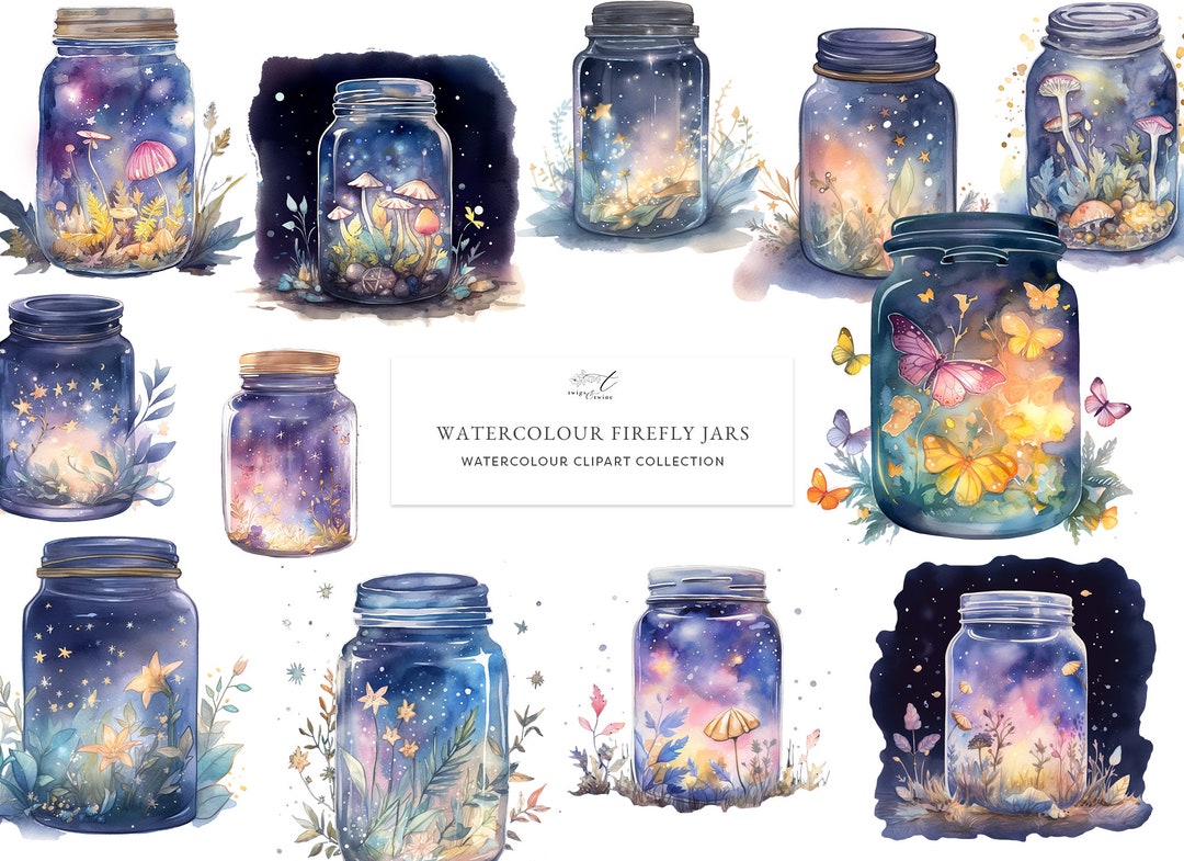 Firefly Jars Watercolor Clipart Set - 12 Glowing Woodland Scenes With ...
