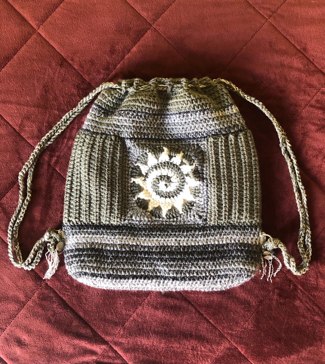 Crocheted Spiral Sun Backpack: Gray, White & Black Cinch Sack - Etsy