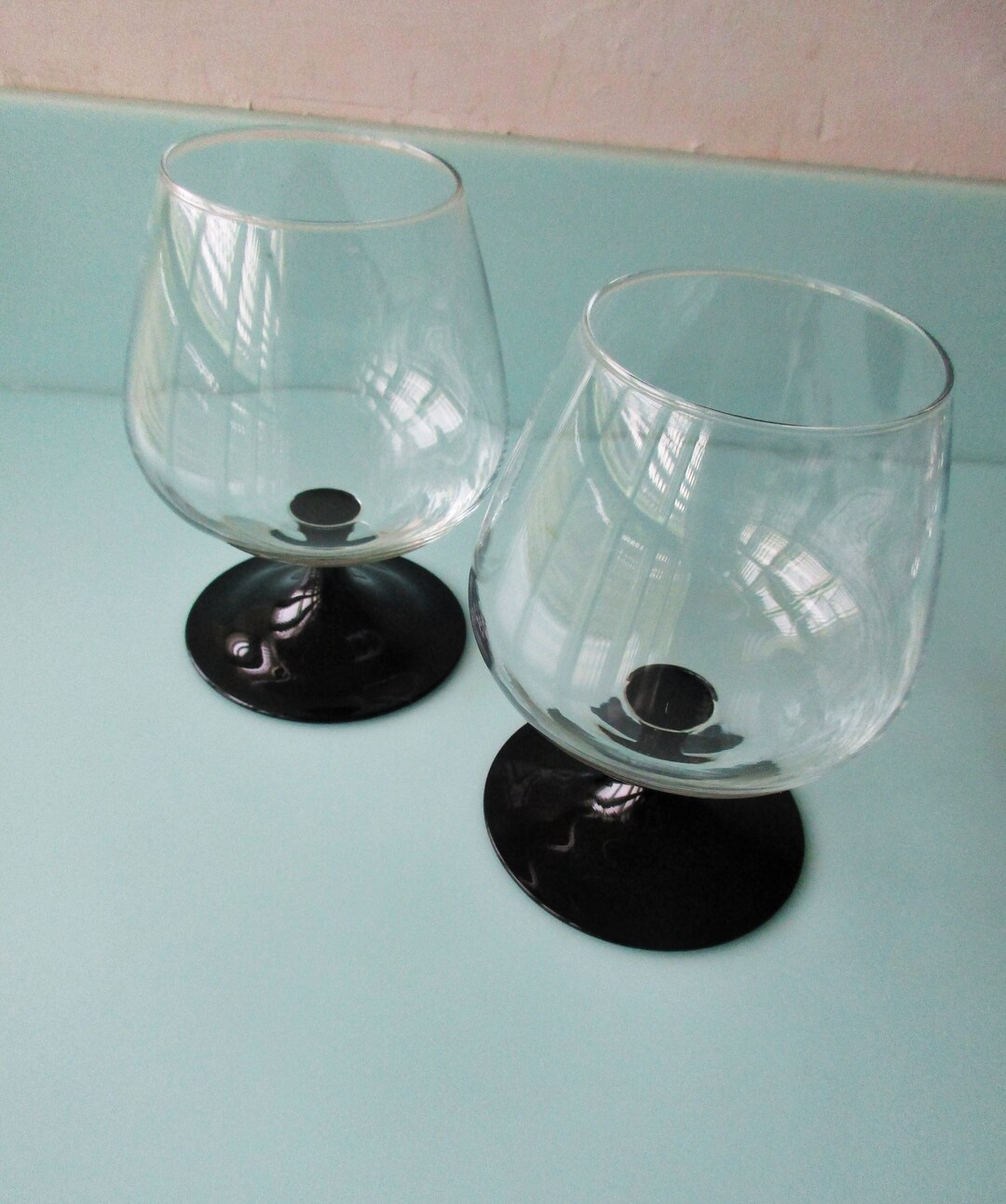 Ships FREE! Vintage French Crystal Brandy Snifters W Black Stems Set of ...