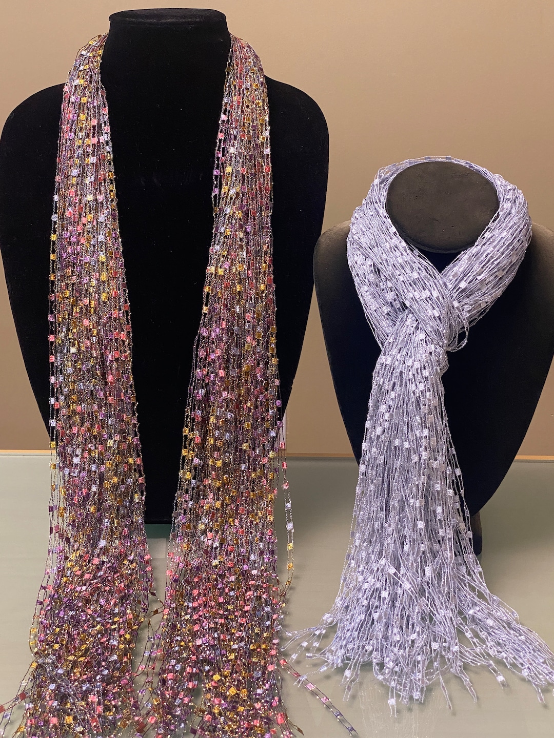 Pink Ribbon Scarf, Silver Ribbon Scarf, Yarn Scarf Necklace, Tassel ...