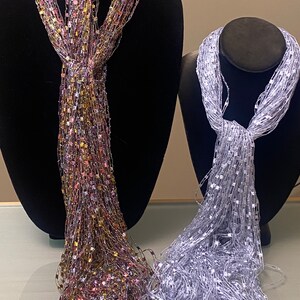 Pink Ribbon Scarf, Silver Ribbon Scarf, Yarn Scarf Necklace, Tassel ...