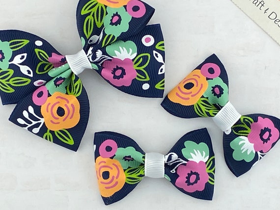 Blue Floral Hair Bow Navy Hair Bow Girl Hair Bow Baby Hair | Etsy
