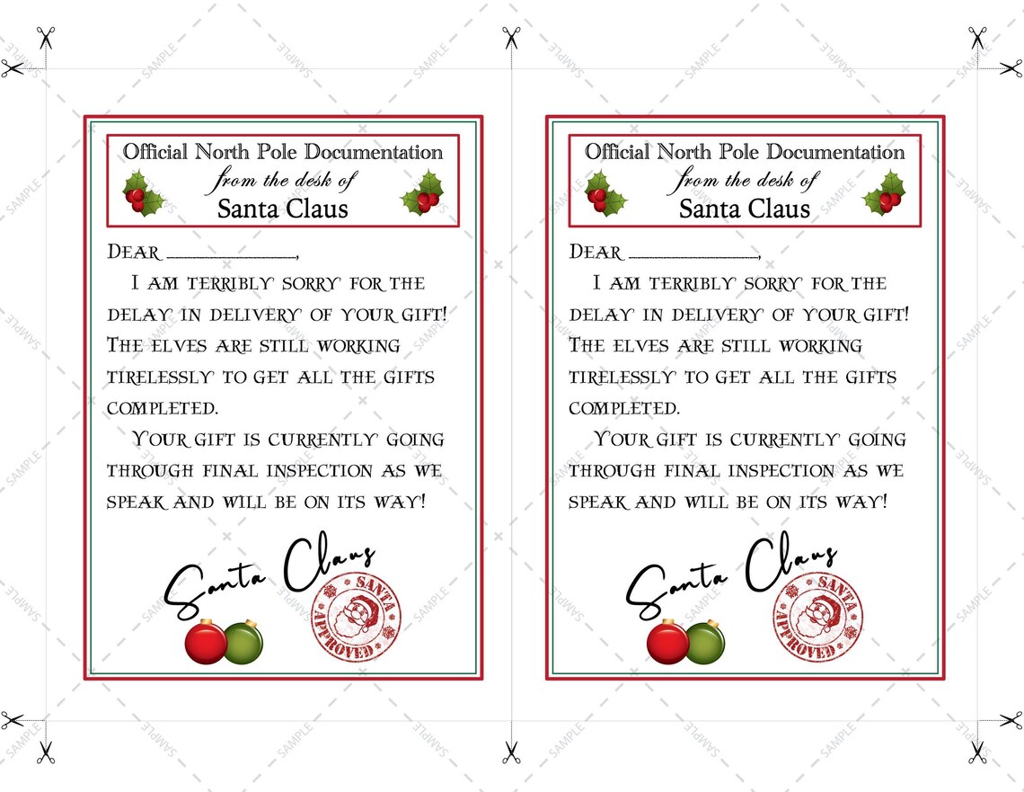 Delayed Christmas Gift Letter From Santa | Notification of Late Present ...