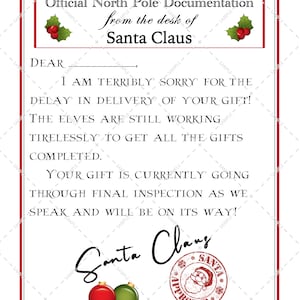 Delayed Christmas Gift Letter From Santa Notification of - Etsy