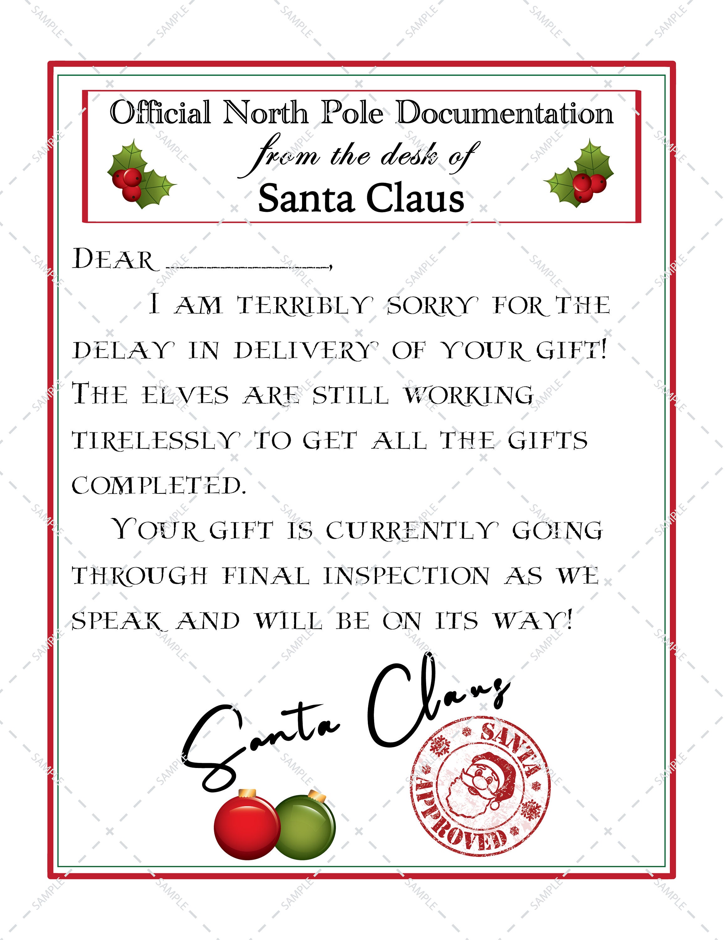 Delayed Christmas Gift Letter From Santa Notification Of Etsy Canada