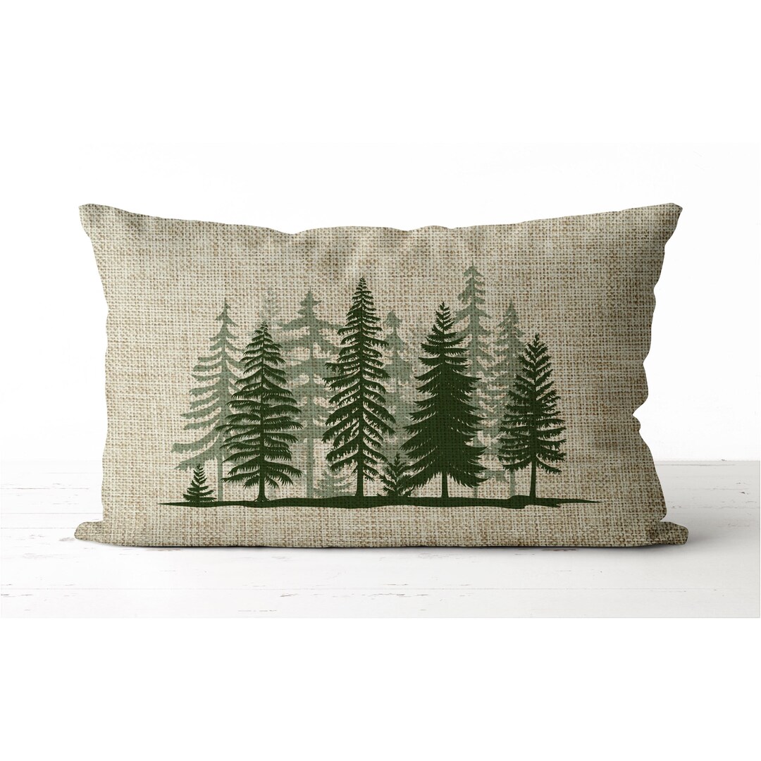 Pine Tree Evergreen Lumbar Pillow | Cabin Decor | Vintage Burlap Pillow ...