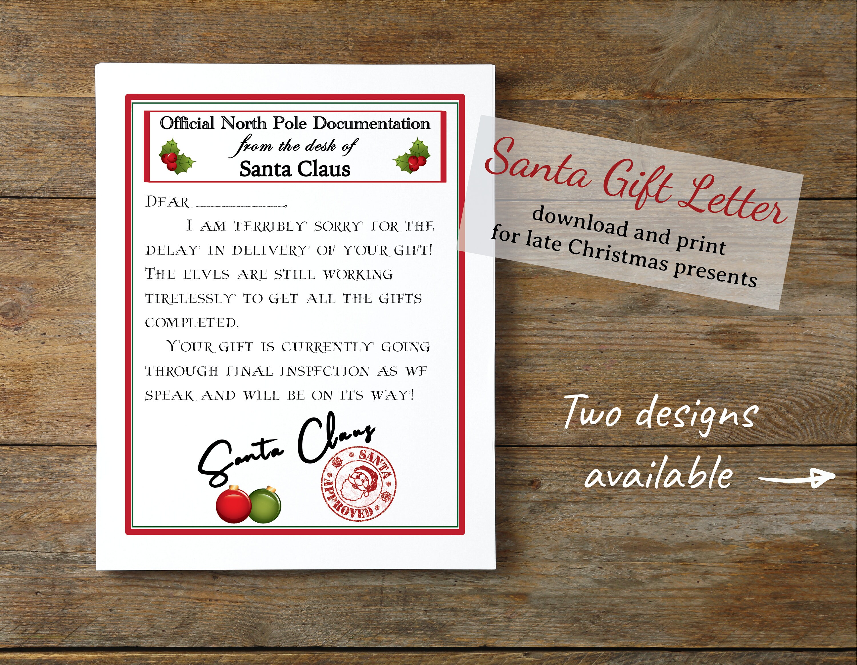 Delayed Christmas Gift Letter From Santa Notification Of Etsy Canada