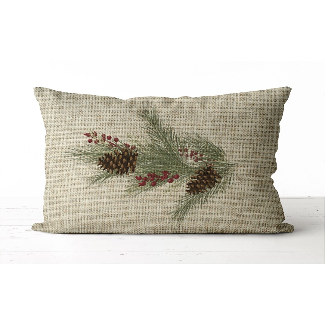 Winter Pine Branch Lumbar Pillow | Rustic Burlap Pine Cones and Berries ...