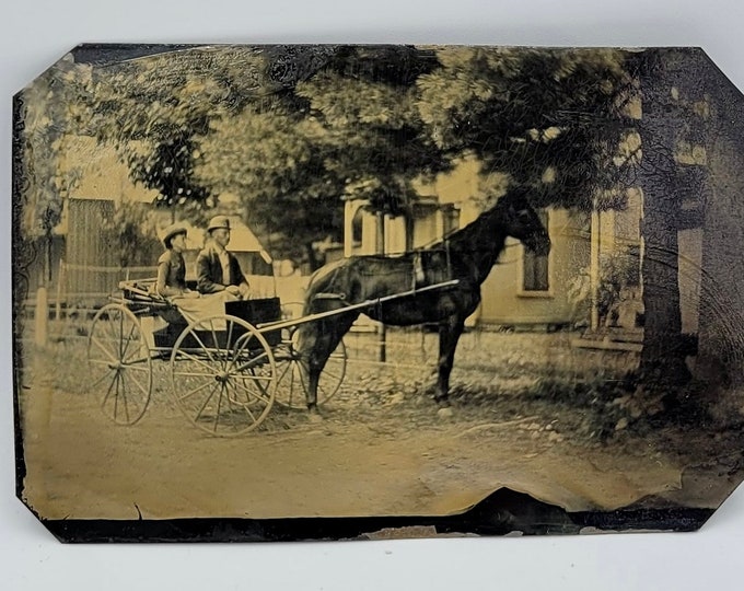 Horse and Buggy Tintype Photo~man and Woman in the Buggy~house in ...