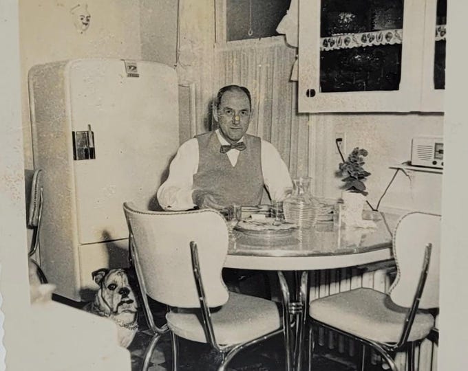 Dog Peeking Out Behind Chair~vintage Photo~retro Kitchen~man Sitting at ...