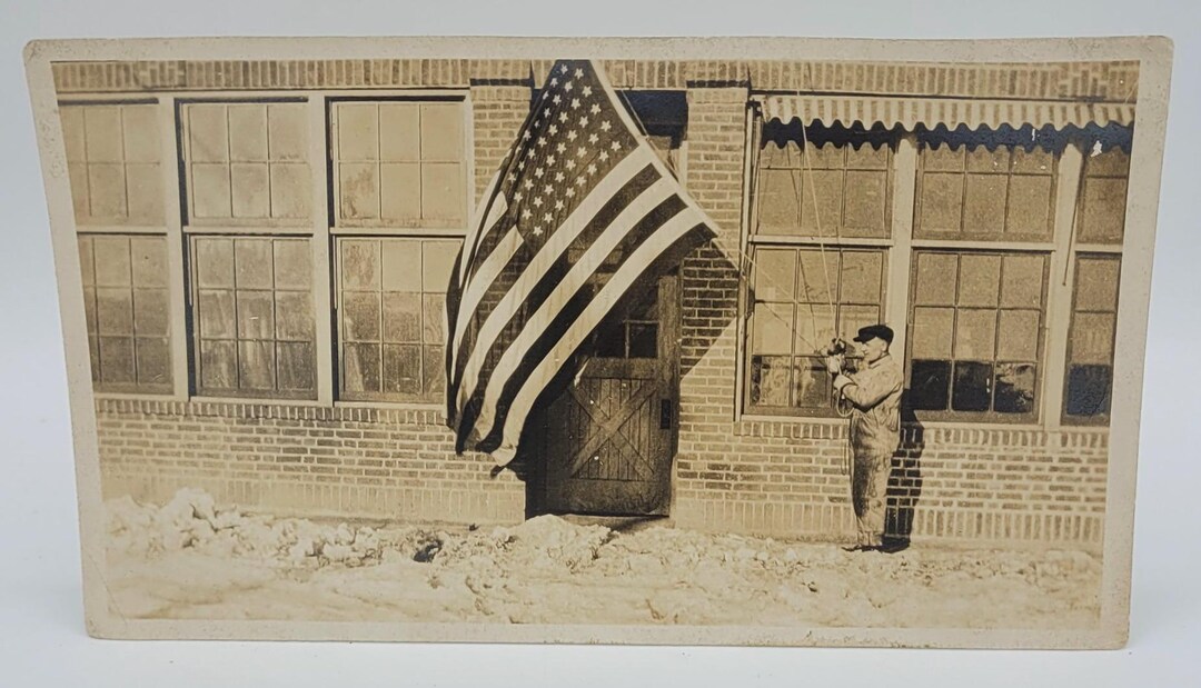 Raising or Lowering the Flagvintage Photoman in Workwear Pulling on ...