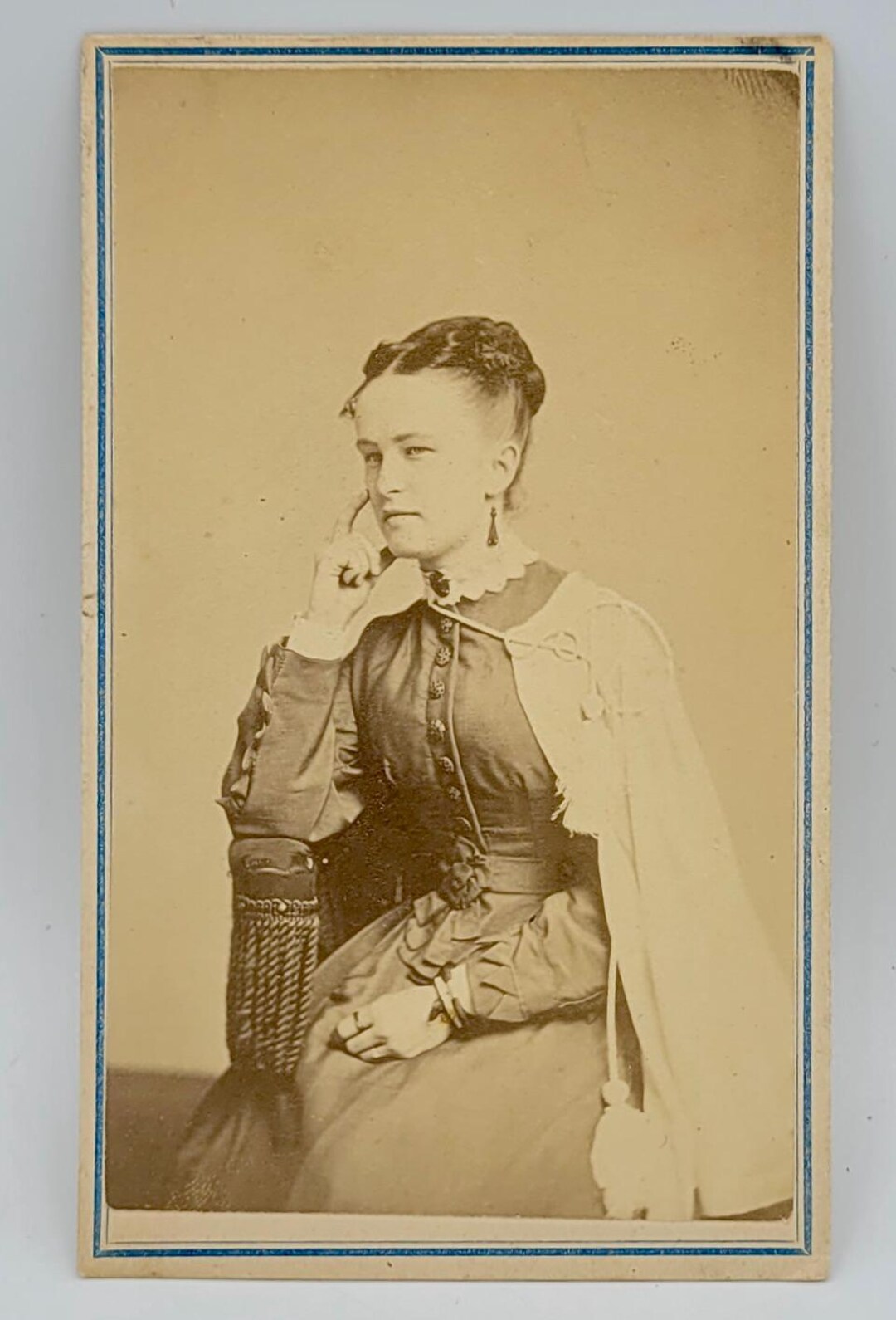 Finger to Cheek Pose Woman CDV Photo Wearing Shawl & Drop Earrings - Etsy