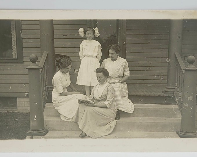 RPPC Three Women & Girl on Front Steps~woman in Front Reading Something ...
