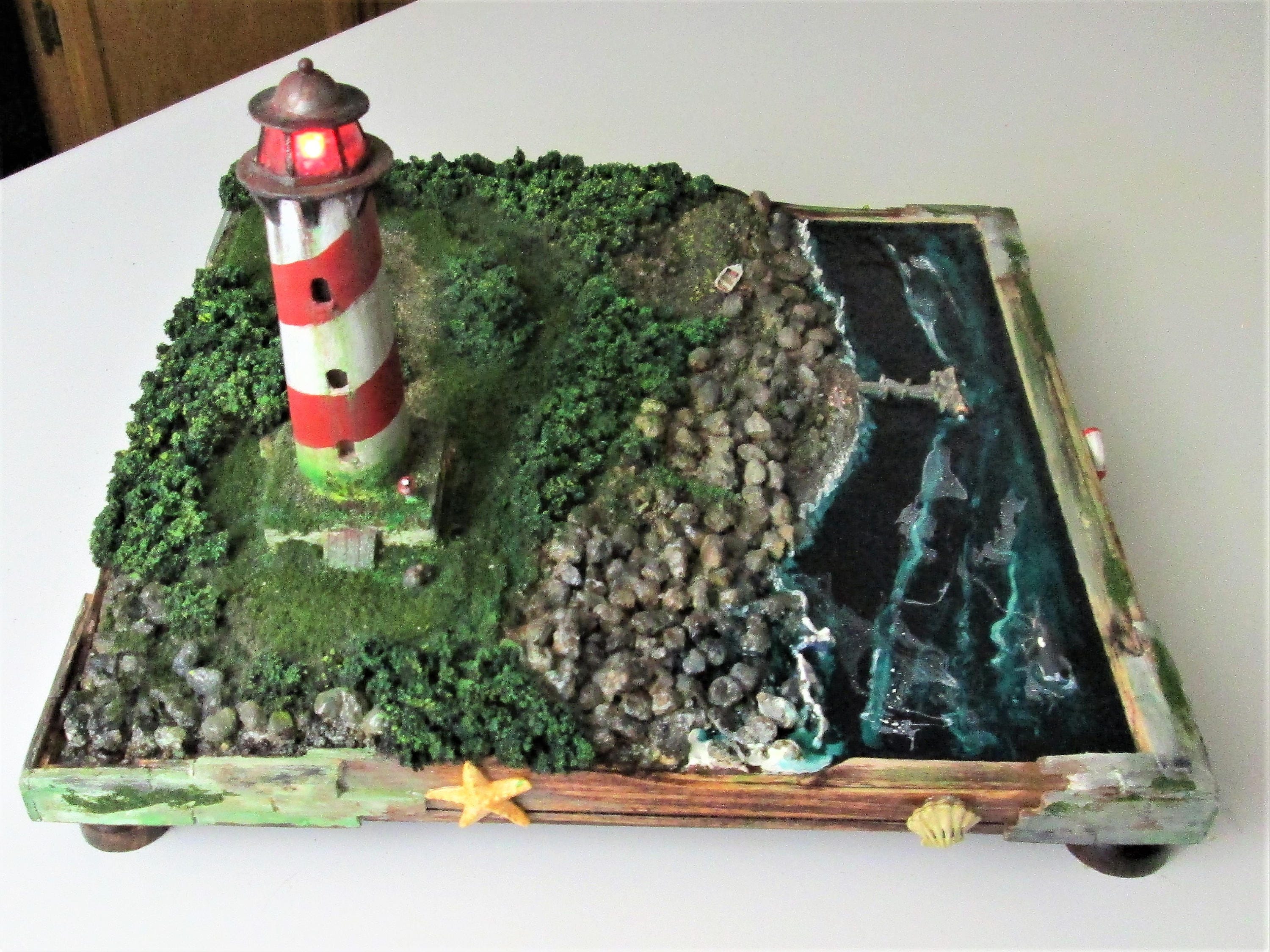 Miniature Sculpture with working lights, Diorama, Light house, Maine ...