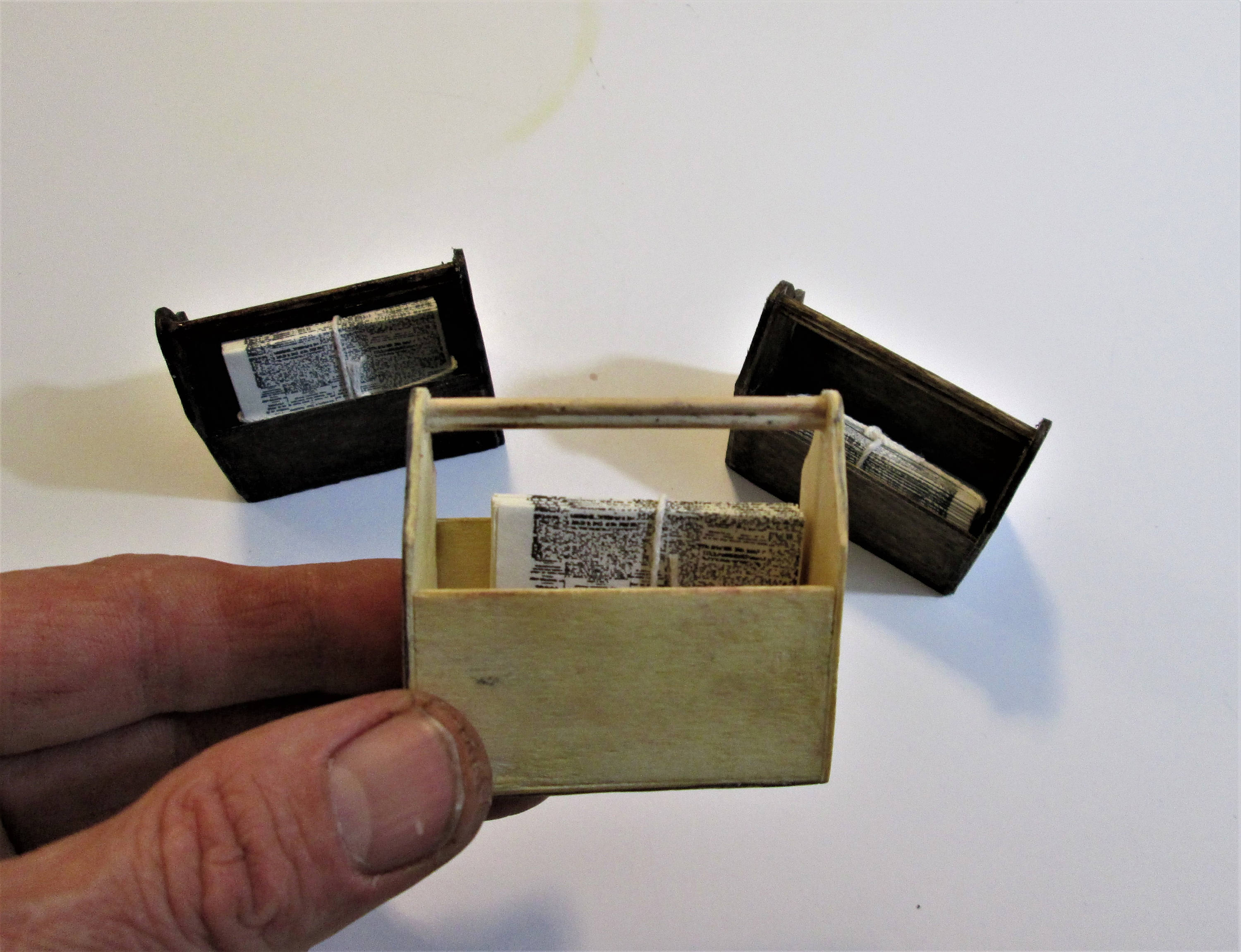 1:12 miniature newspaper and or magazine box. Miniature stained boxes