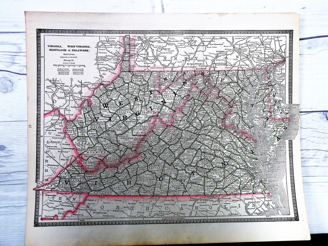 Virginia Map Antique 1884- Cool Old Map of Virginia-vintage Retro Map ...