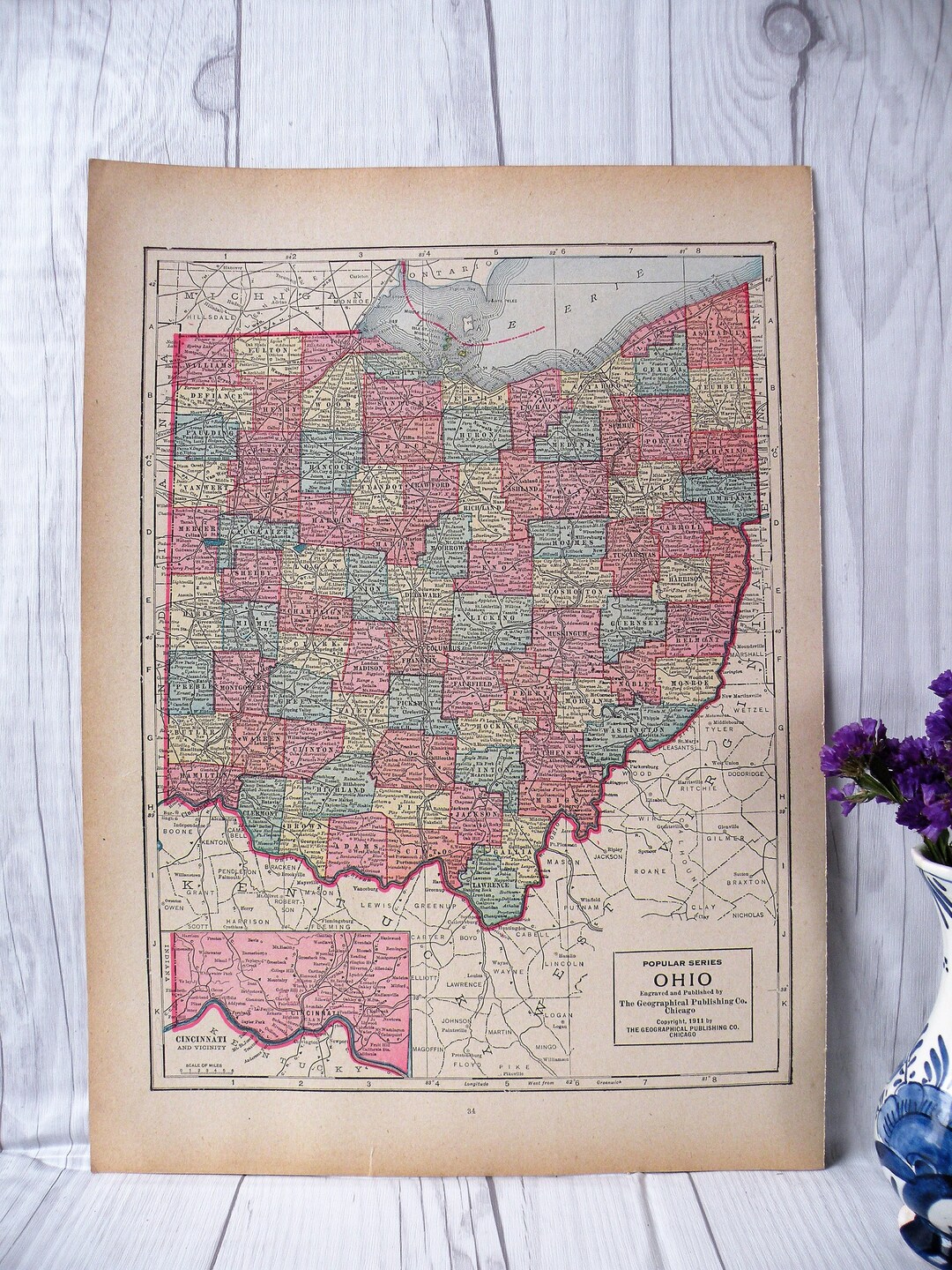 Ohio Antique Map // Home Decor // Beautiful Old Map 1911 // Maps of the ...