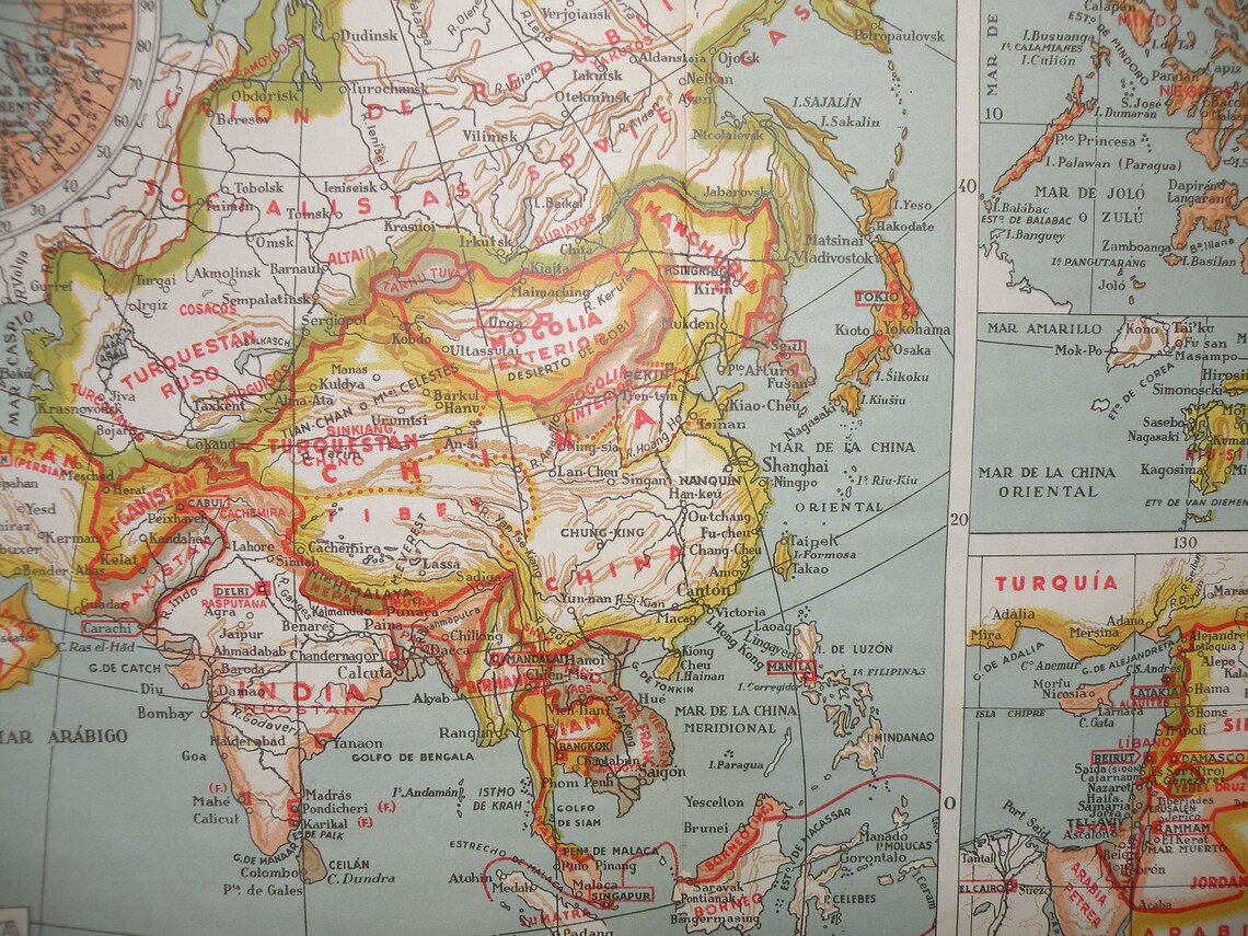 Map Asia Old From 1950s Vintage Map of Asia Antique of Asia | Etsy