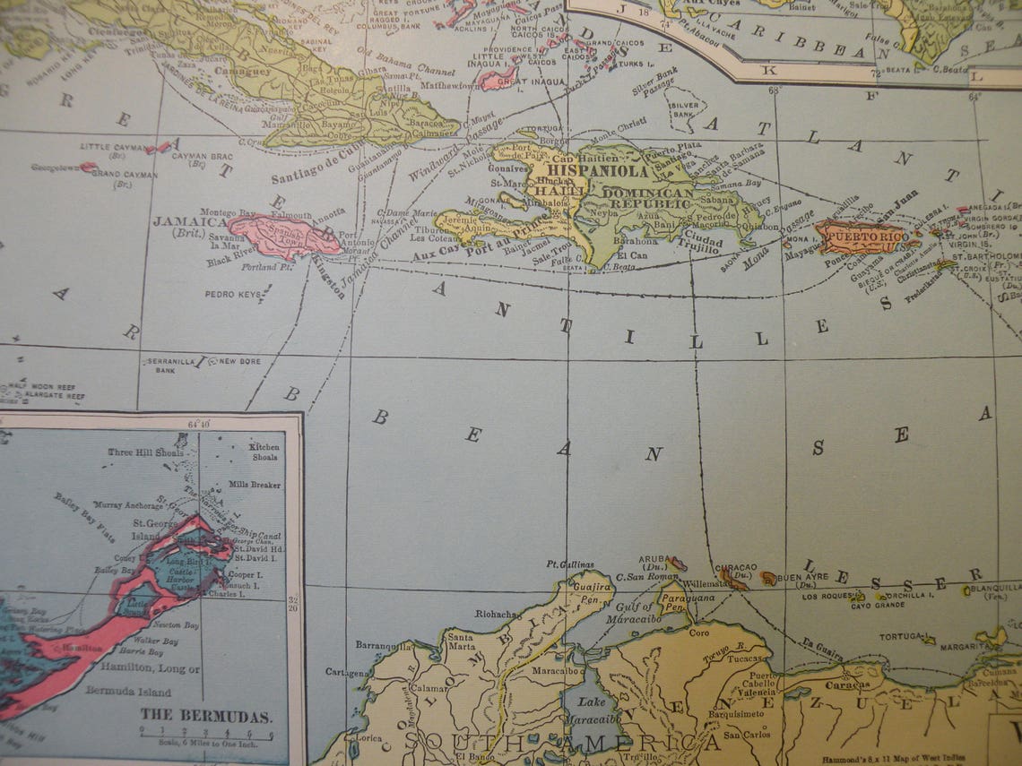1940-west Indies Map Vintage-wwii Era Map-beautiful Map of - Etsy