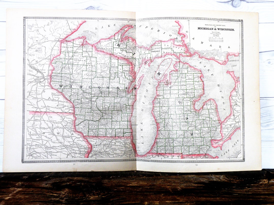 Vintage 1884 Michigan and Wisconsin Map, Original Antique Wall Art - Etsy