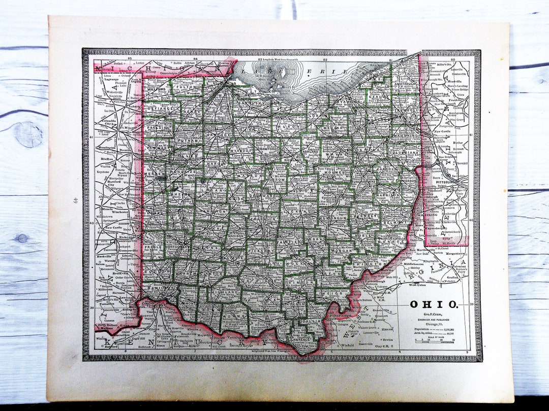 Ohio Map Antique 1884- Cool Old Map of Ohio-vintage Retro Map of Ohio ...