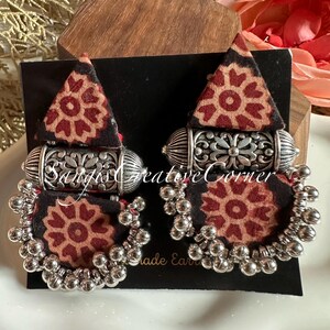 Ajrakh Handblock Fabric Earrings: Oxidized Tribal Fusion Jewelry - Etsy