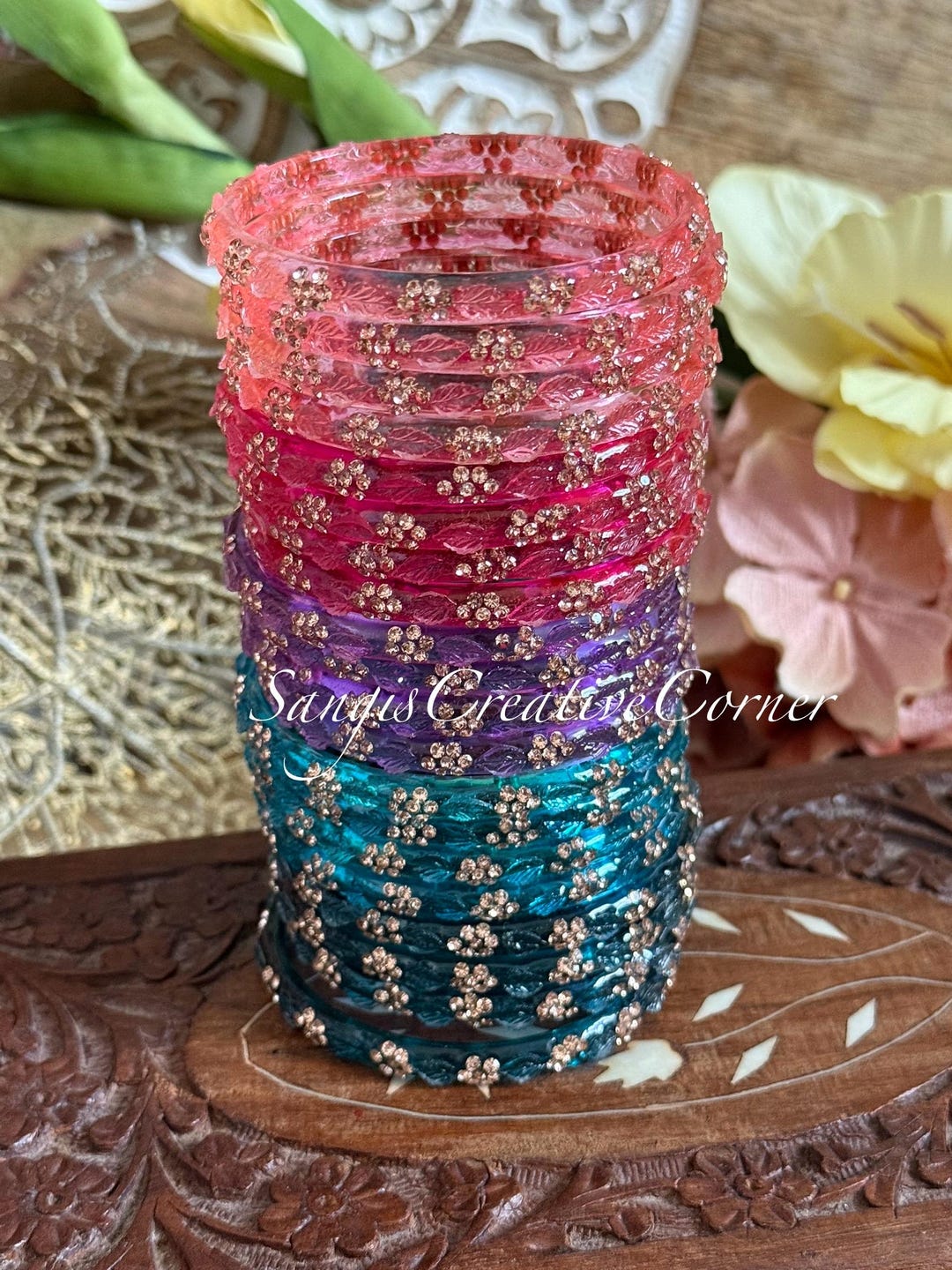 Handcrafted Glass Bangles - Crystal Leaf Design - Size 2.4 (set of 4 ...