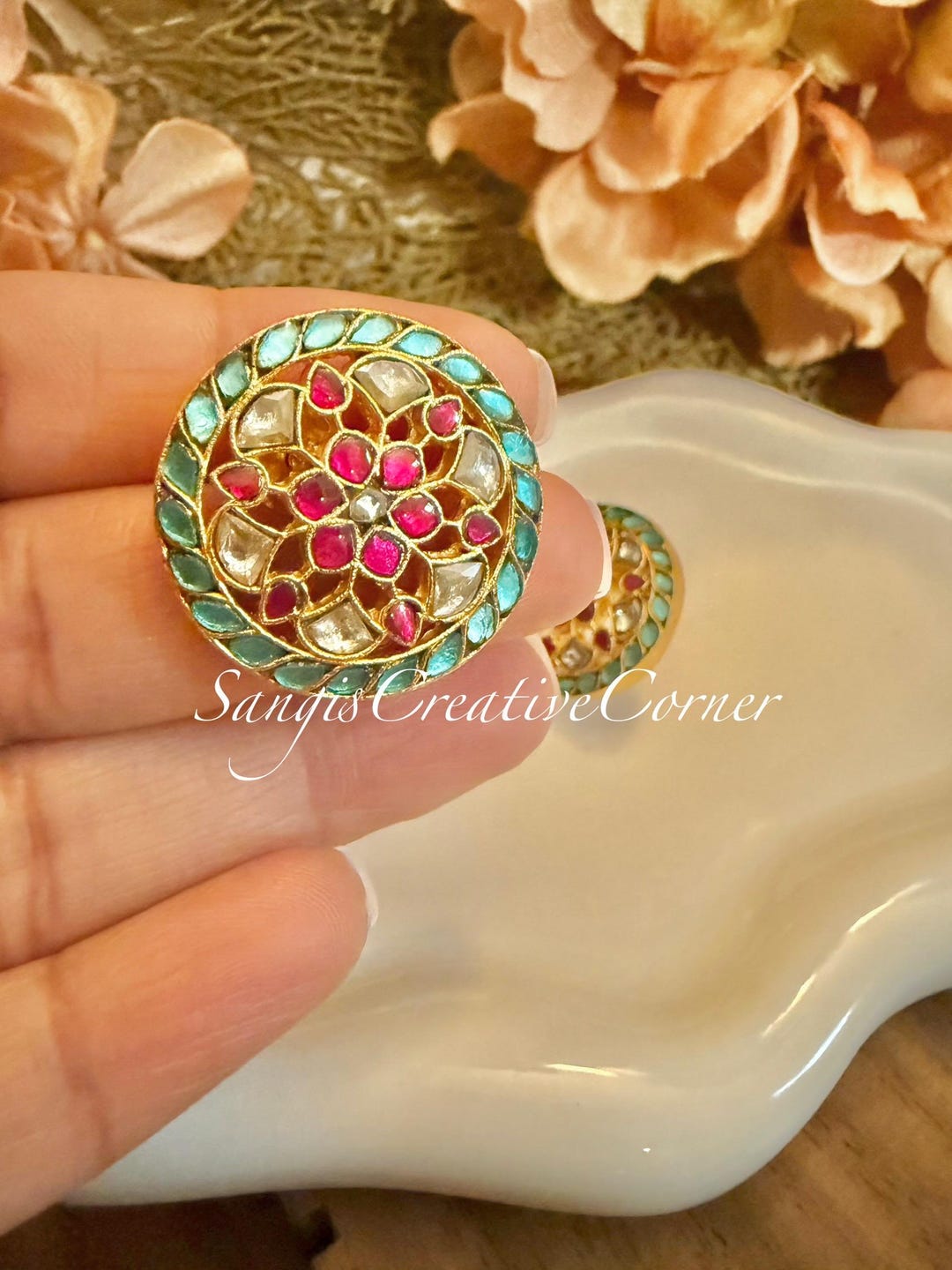 Handmade Jadau Stud Earrings: 22K Gold Plated Moissanite Kundan Jewelry ...