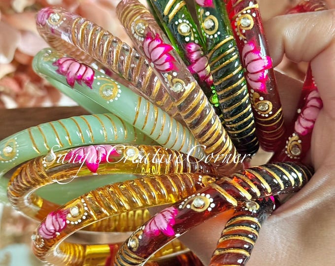 Handmade Glass Bangles: Hand-painted Lotus, Size 2.8 (set of 2) Design ...