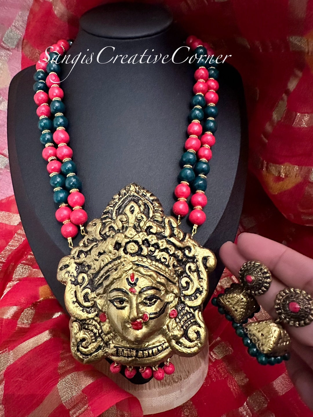 Handcrafted Terracotta Durga Necklace & Earring Set: Navratri Jewelry ...