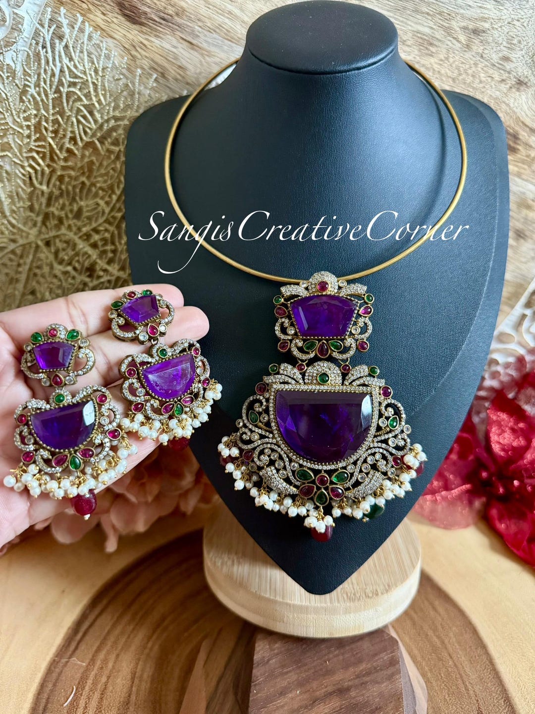 Victorian Doublet Stone Necklace Earring Set: American Diamond & Pearls ...