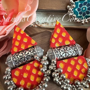 Ajrakh Handblock Fabric Earrings: Oxidized Tribal Fusion Jewelry - Etsy