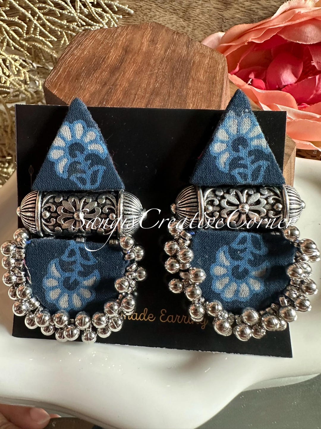 Ajrakh Handblock Fabric Earrings: Oxidized Tribal Fusion Jewelry - Etsy