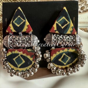 Ajrakh Handblock Fabric Earrings: Oxidized Tribal Fusion Jewelry - Etsy