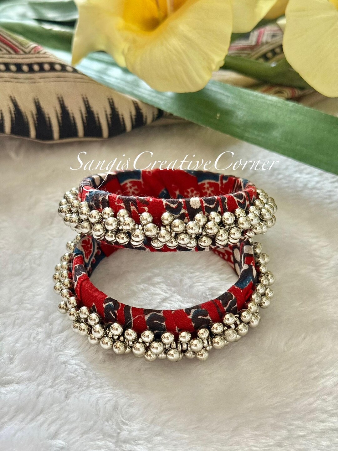 Ajrakh Handblock Bangles: Beaded Oxidized Silver, Tribal Fashion (size 2.6) - Etsy