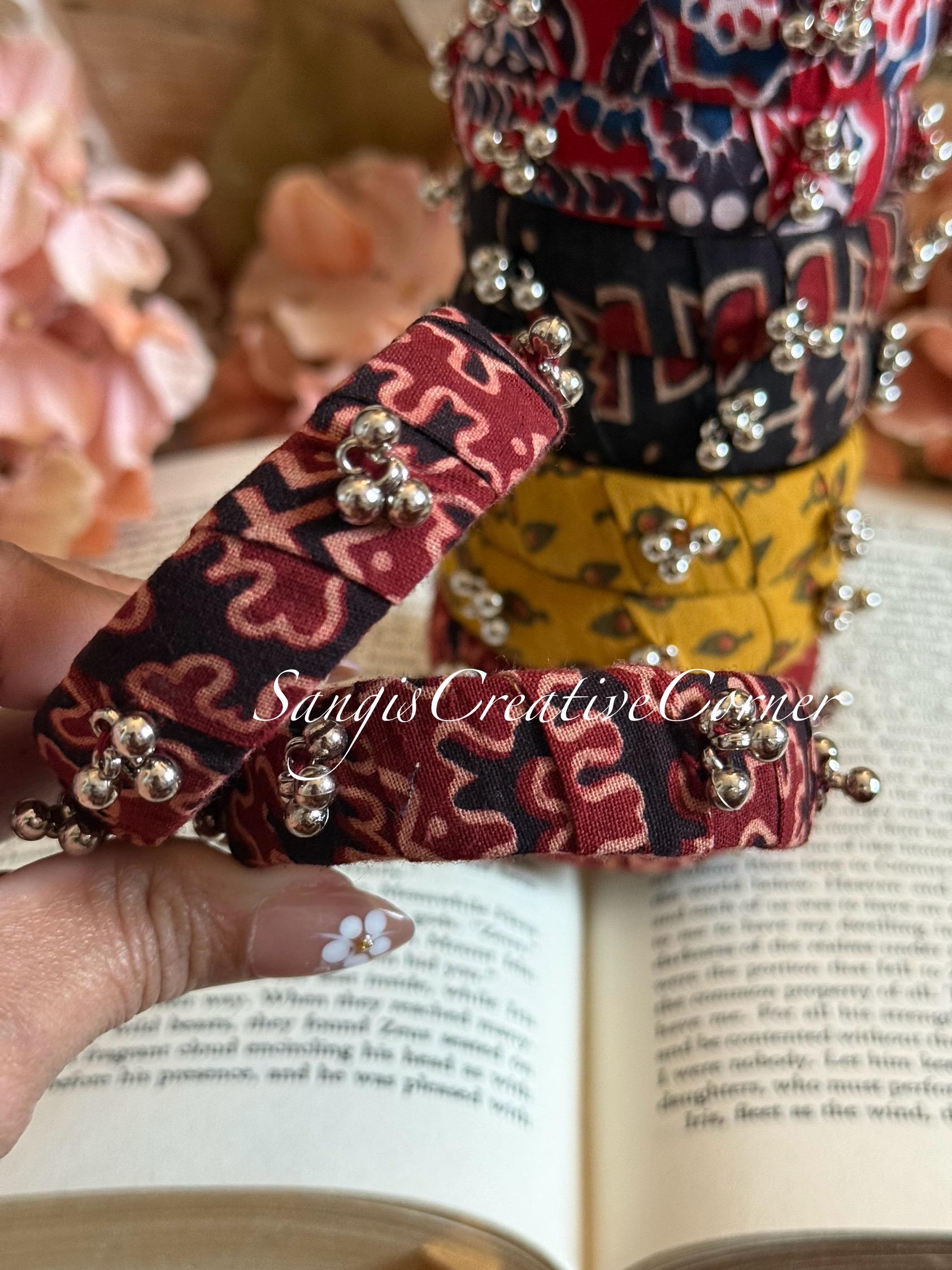Ajrakh Handblock Fabric Bangles: Oxidized Silver Tribal Kadas, Size 2.6 - Etsy