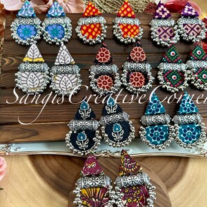 Ajrakh Handblock Fabric Earrings: Oxidized Tribal Fusion Jewelry - Etsy