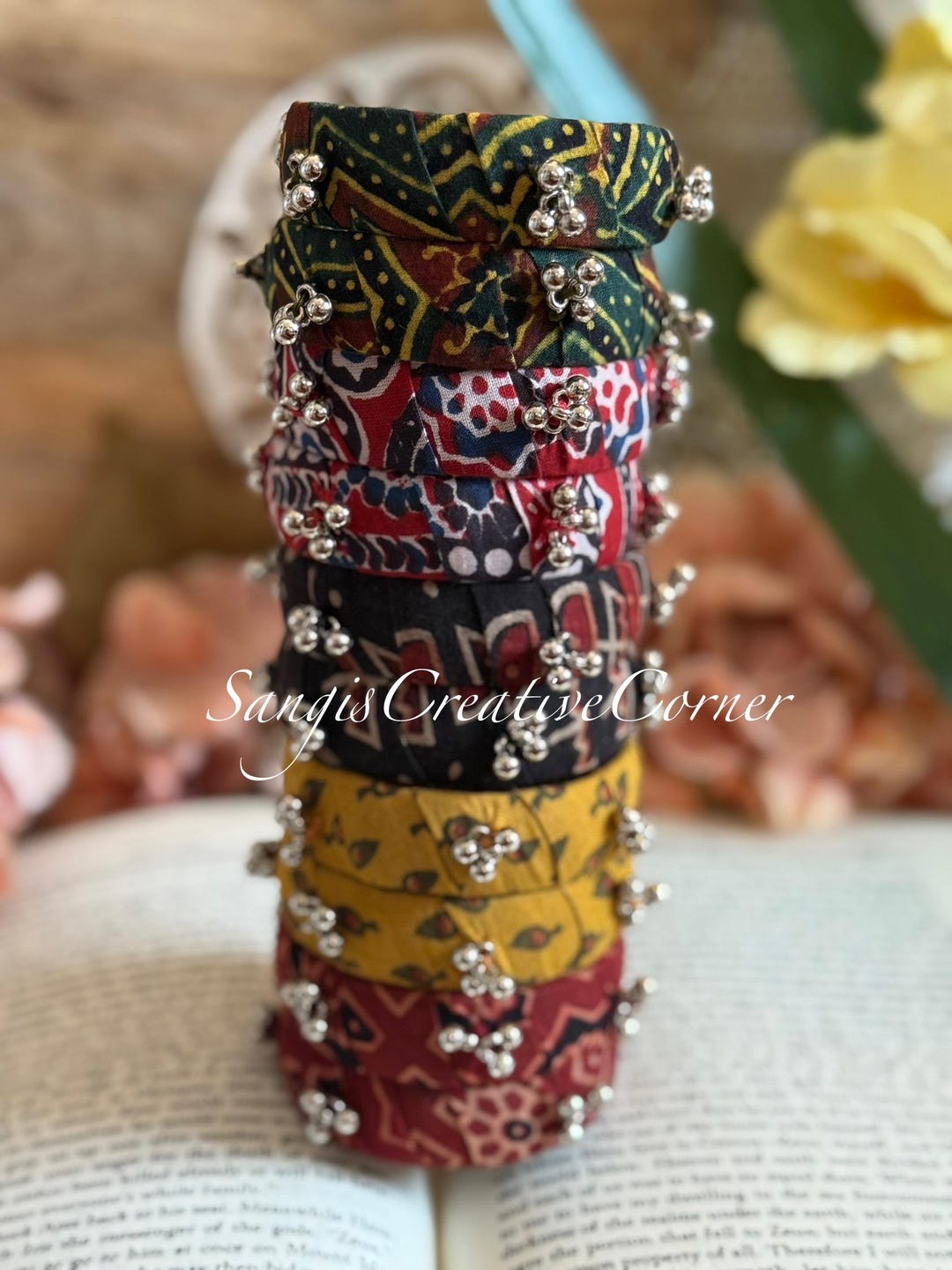 Ajrakh Handblock Fabric Bangles: Oxidized Silver Tribal Kadas, Size 2.6 - Etsy