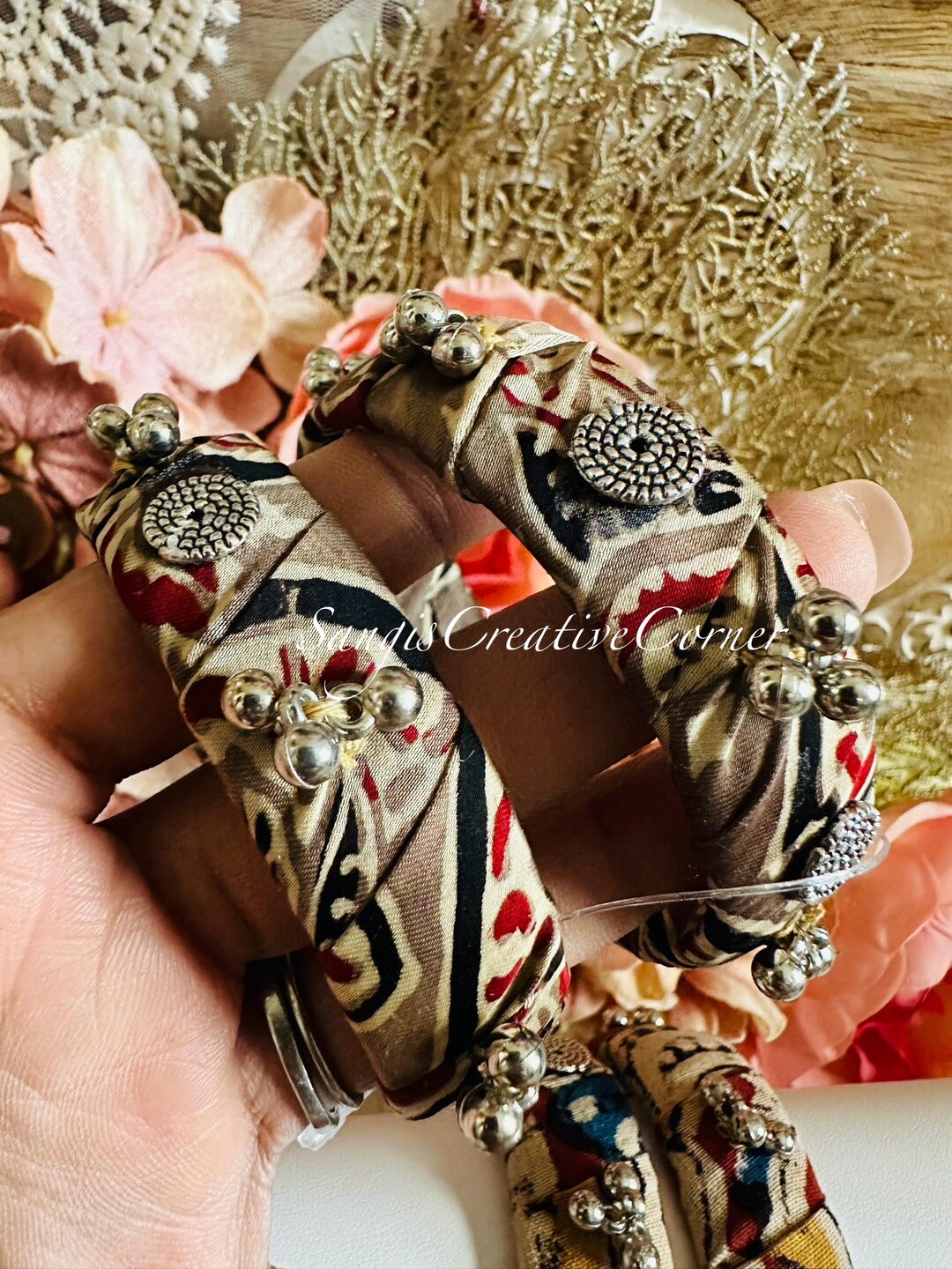 Ajrakh Handblock Fabric Bangles: Oxidized Tribal Kadas, Size 2.10 - Etsy
