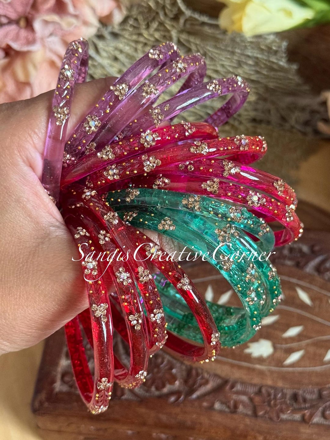 Handcrafted Crystal Glass Bangles - Set of 4 - Size 2.6 Design 1 - Etsy