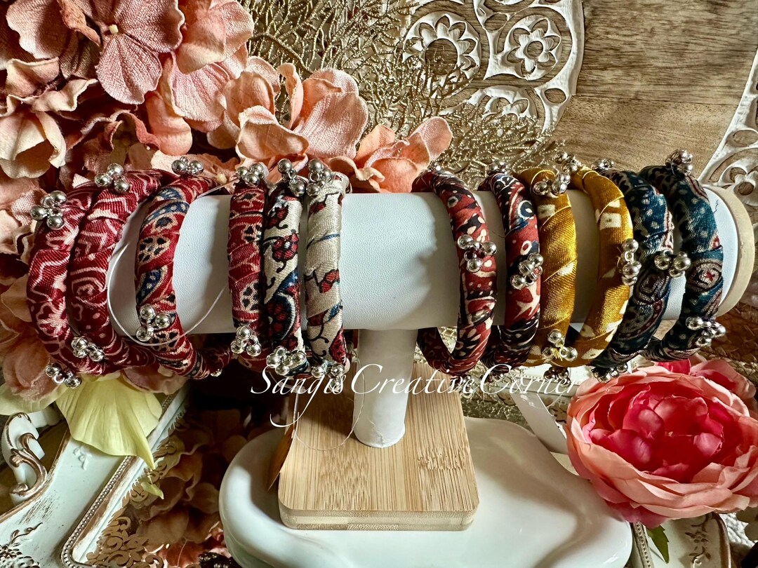 Ajrakh Handblock | Fabric Bangles| Fusion|oxidized| Handmade | Sustainable Fashion| Oxidized ...