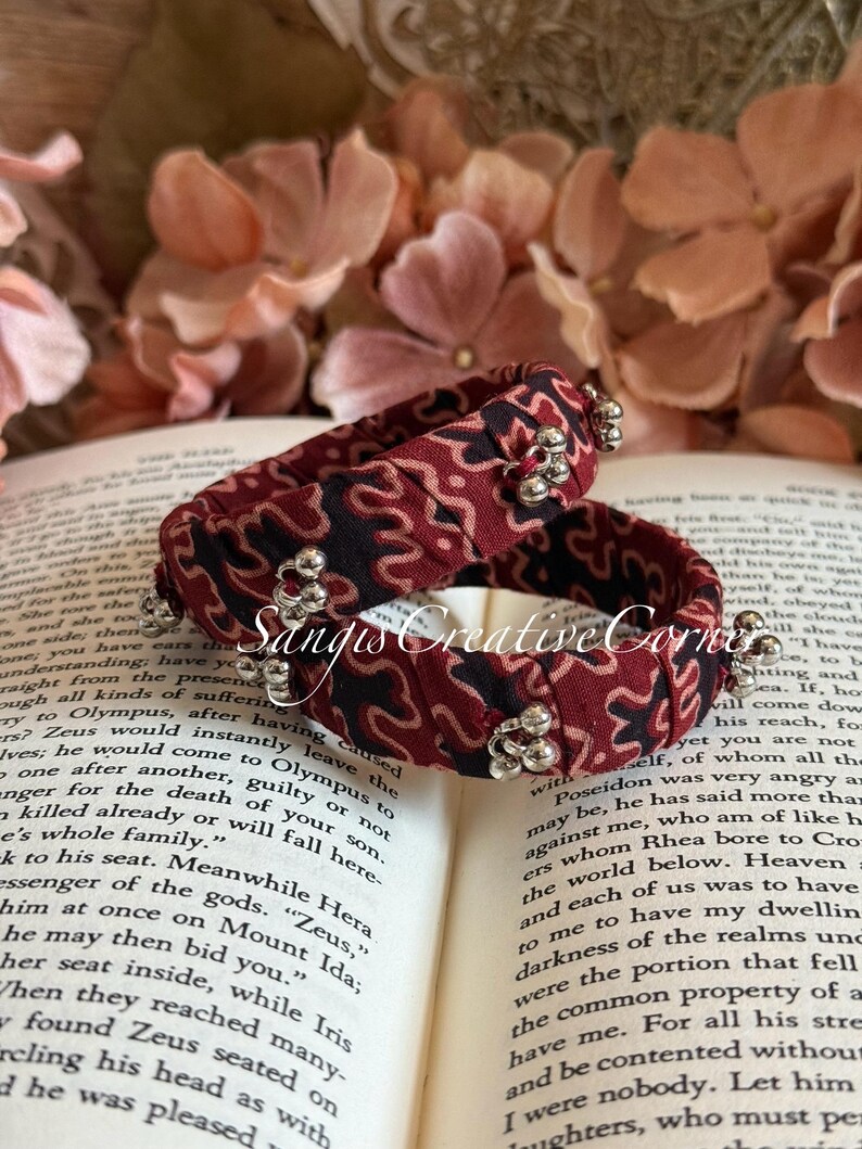 Ajrakh Handblock Fabric Bangles: Oxidized Silver Tribal Kadas, Size 2.6 - Etsy