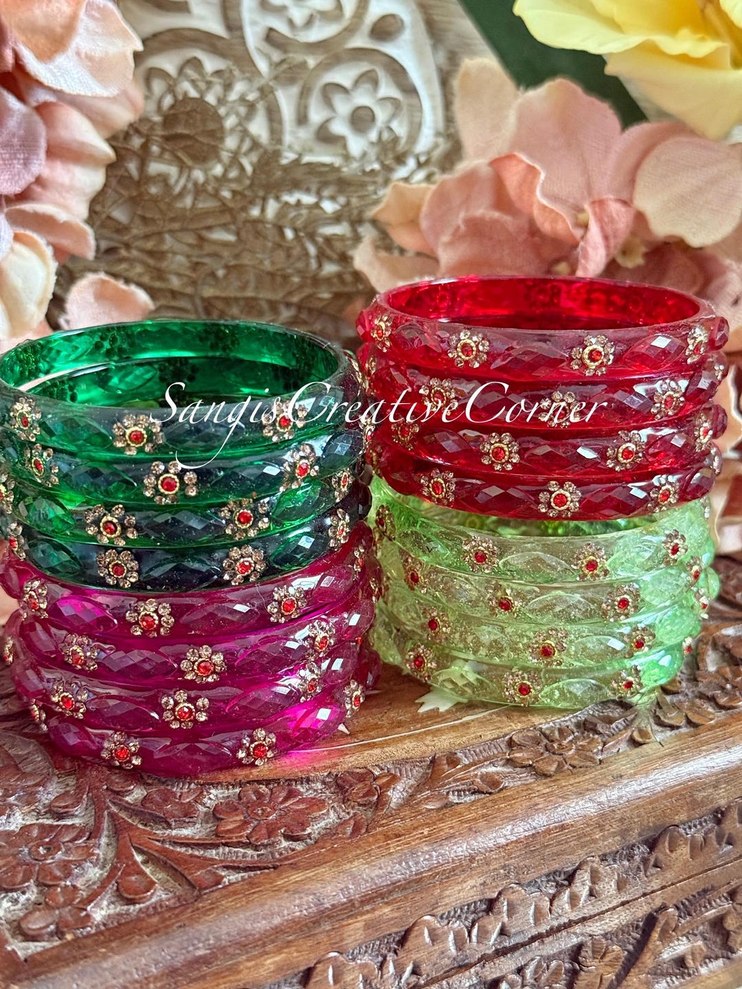 Handcrafted Crystal Glass Bangles - Set of 4 - Size 2.6 Design 7 - Etsy