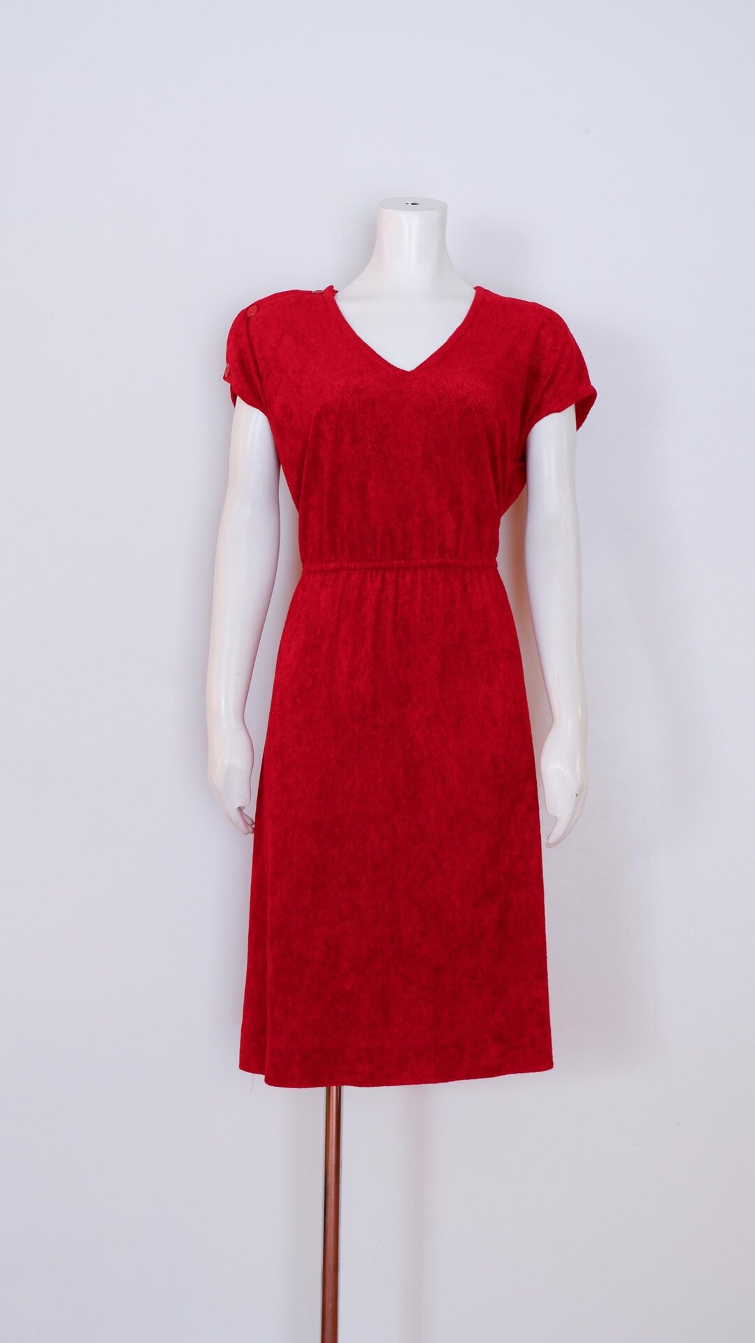 Vintage Red Terry Cloth Dress - Large Short Sleeve Midi With Buttons - Etsy