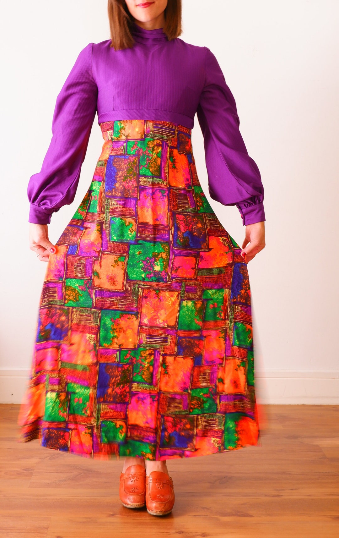 70s Rainbow Dress With Purple Top - Small Vintage Abstract Print Maxi ...