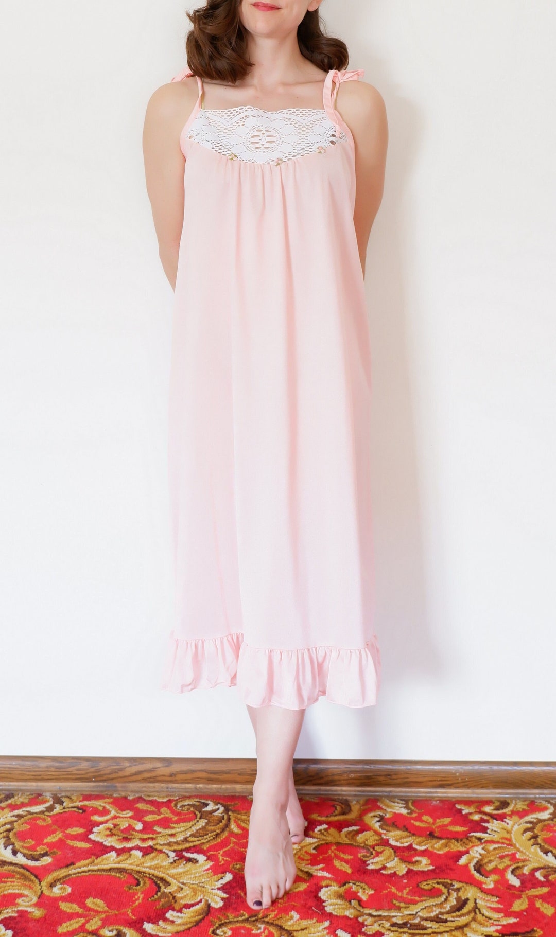 60s 70s Pink Nightgown - Small Vintage Tie Strap Dress With Ruffle Hem ...