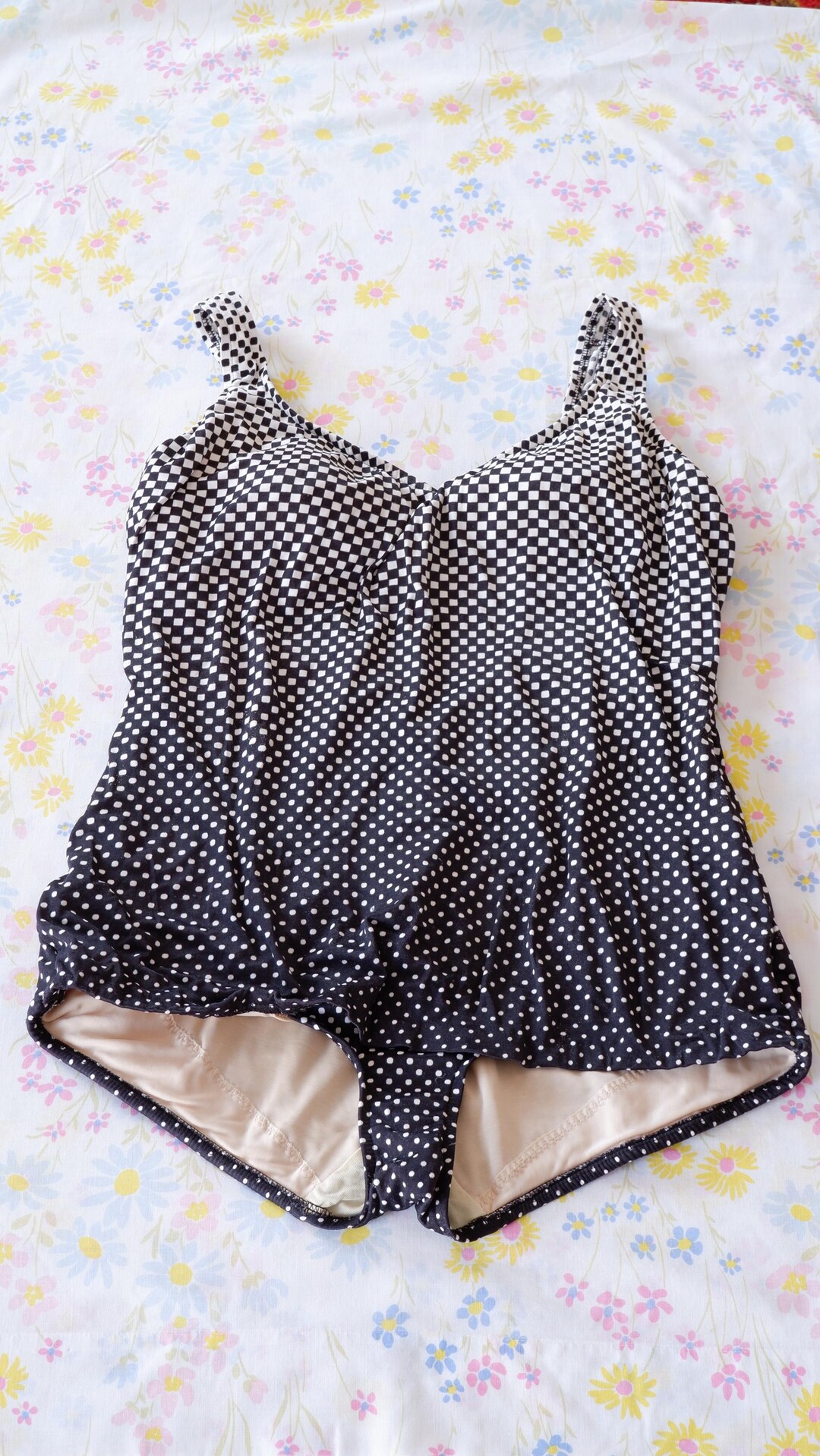 1990s Black Swimsuit With Checkered Print - X-large Vintage One Piece ...