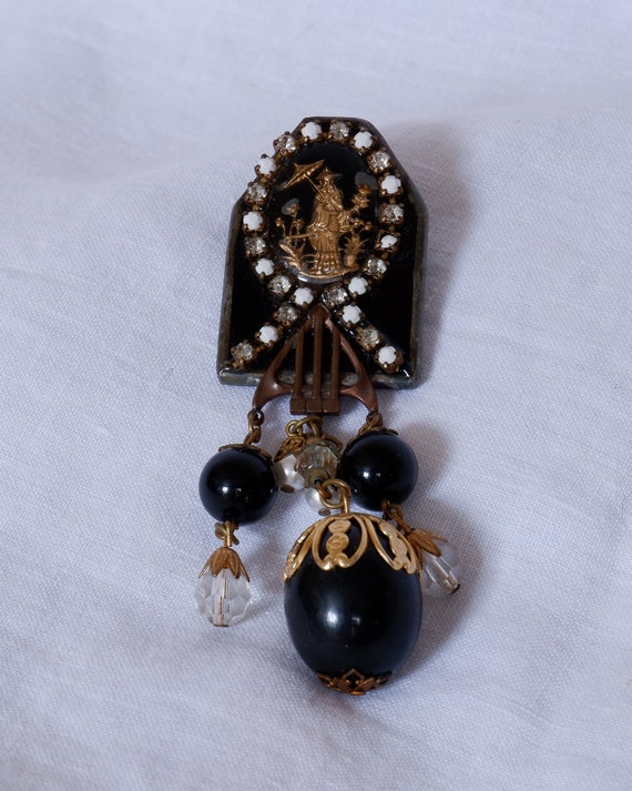 1960's Black Rhinestone Dangle Brooch - Gem